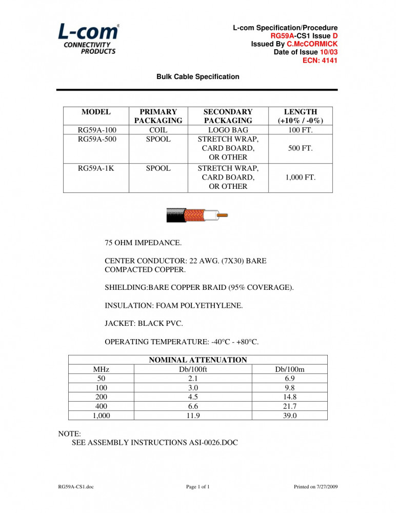 RG59A-500 bulk cable specification document