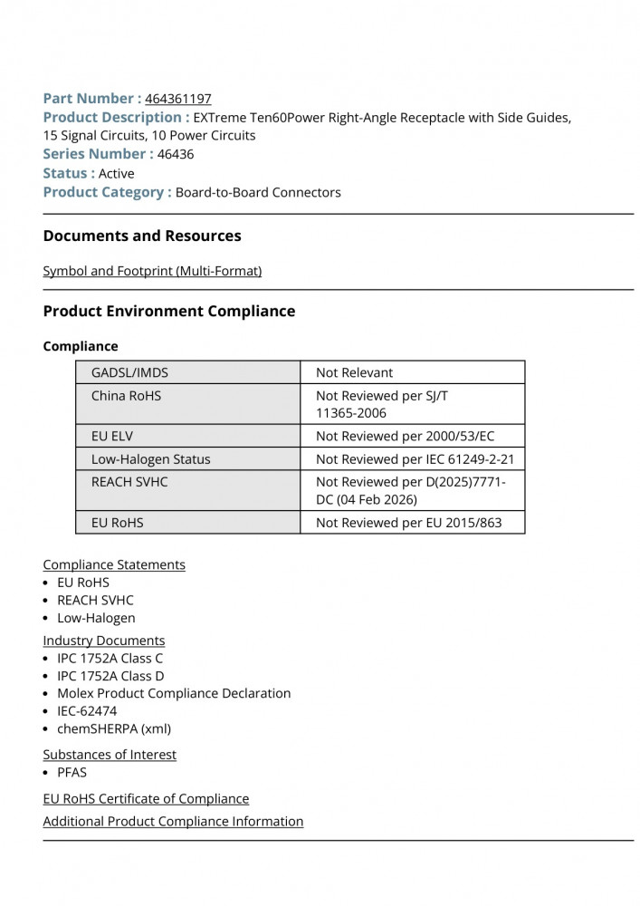 Technical document page 1 for MOLEX 464361197