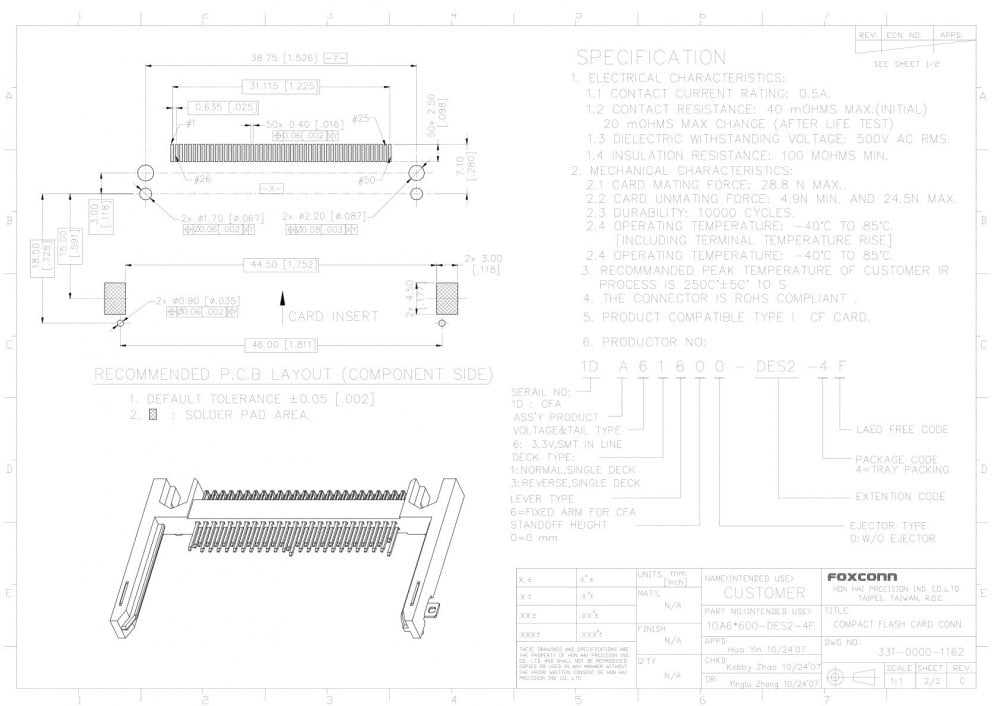 FOXCONN 1DA61600-DES2-4F Compact Flash connector document page 2