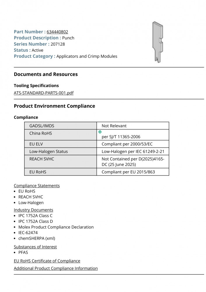 Tooling specification document page 1 for MOLEX 634440802