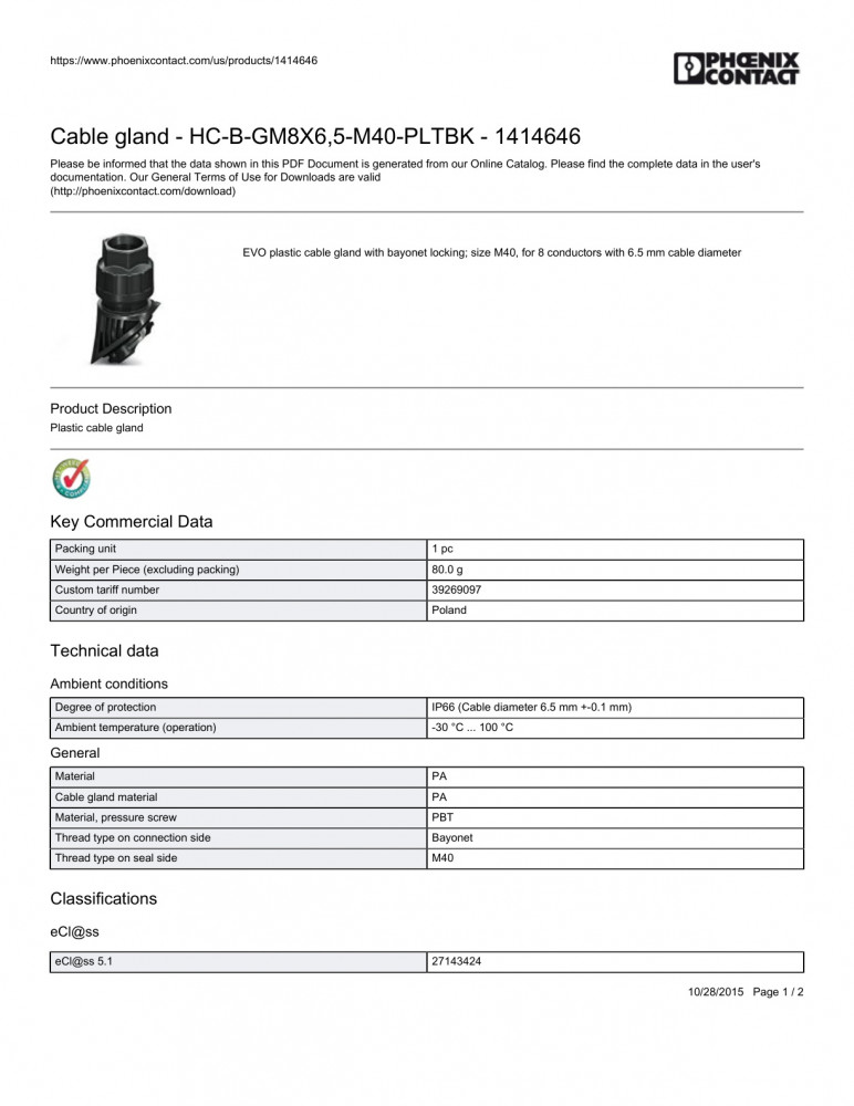 Phoenix Contact 1414646 product data and technical specification