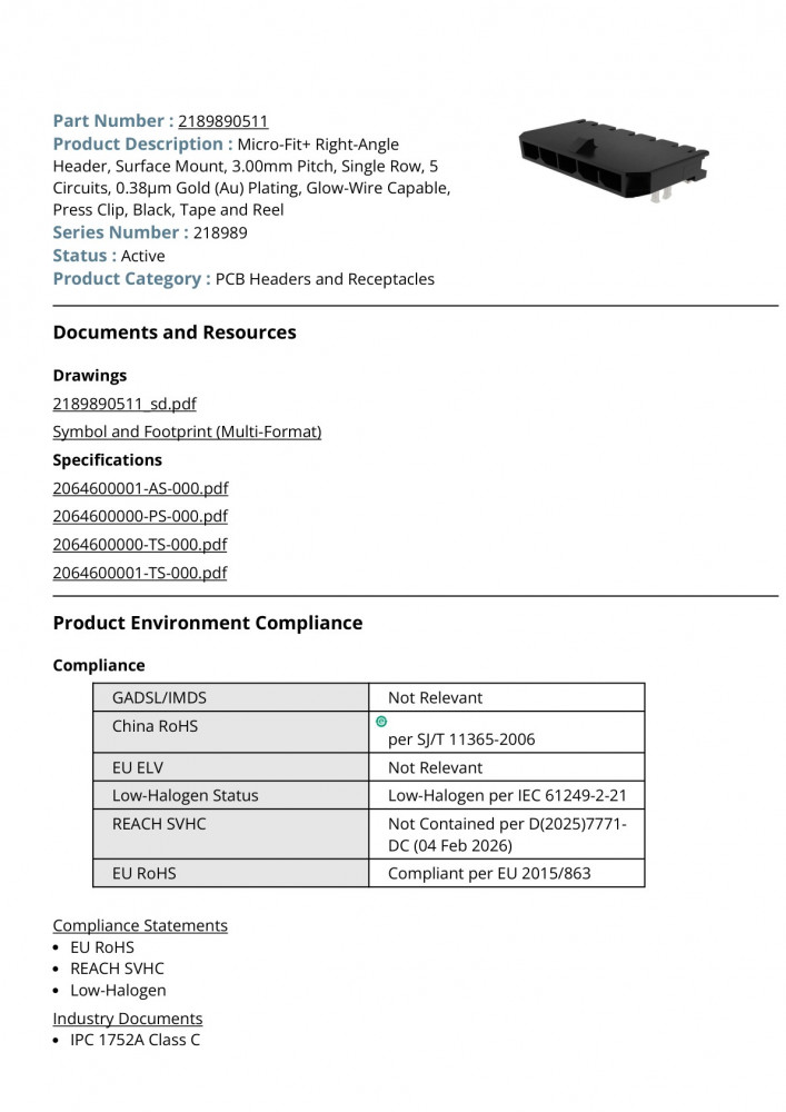MOLEX 2189890511 technical document page 1