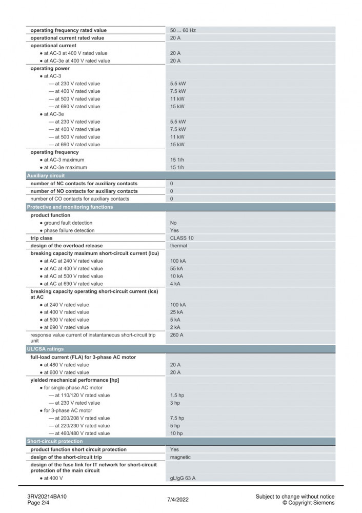 3RV20214BA10 datasheet page 2