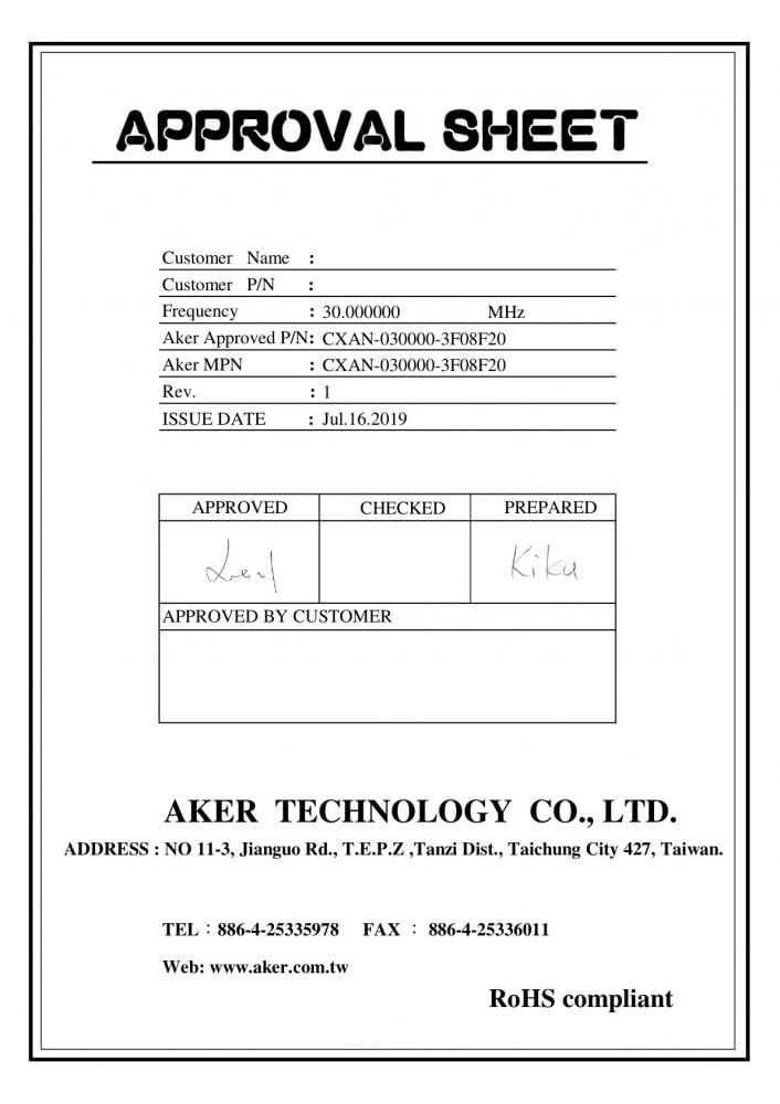 AKER CXAN-030000-3F08F20 approval sheet page 1
