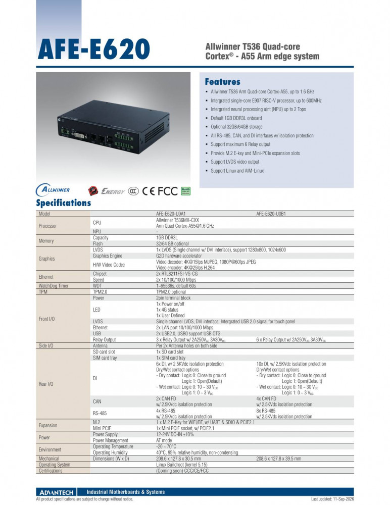AFE-E620 product documentation page 1