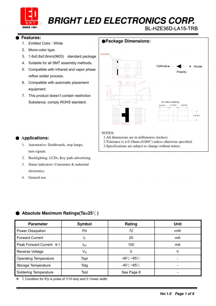 BL-HZE36D-LA15-TRB technical document page 1