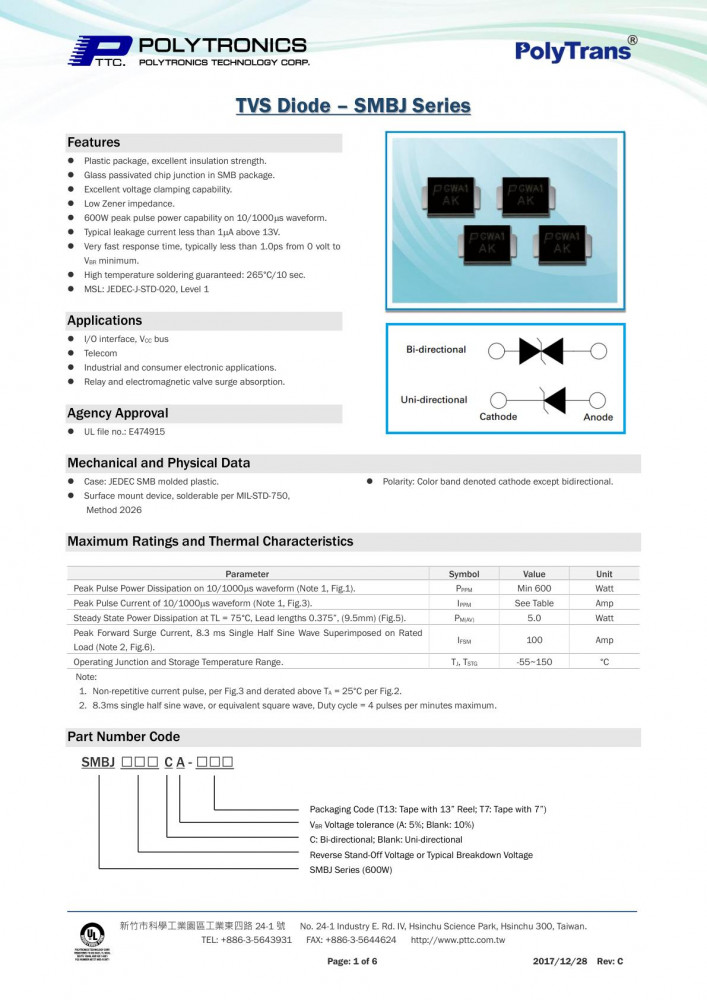 PTTC SMBJ series datasheet page 1
