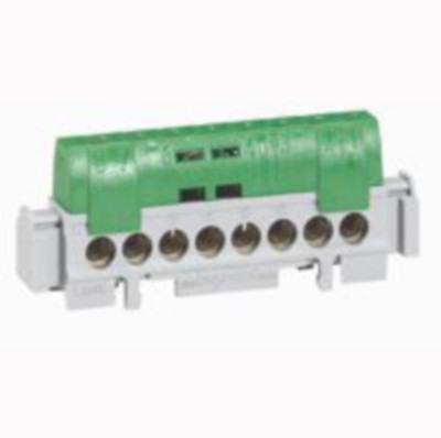 IP2X terminal block - Earth (green) - 8x1.5mm² to 16mm² terminals - 75mm length DIN rail mounting - 1 input 7 outputs for sale