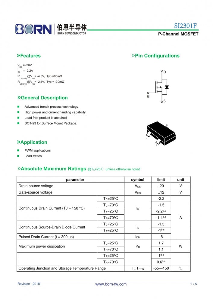 SI2301F datasheet page 1