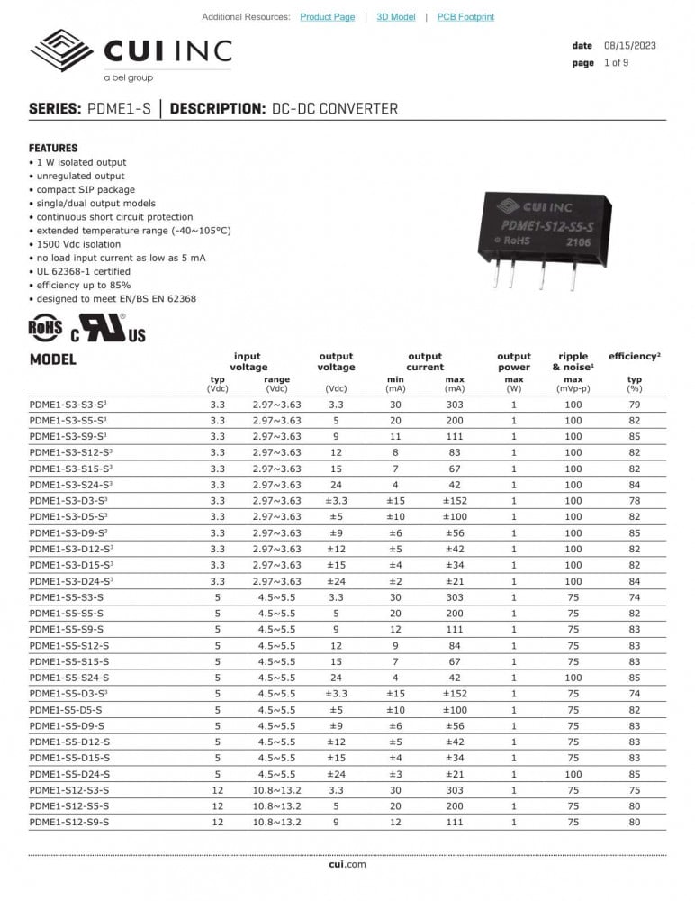 CUI PDME1-S series datasheet page 1