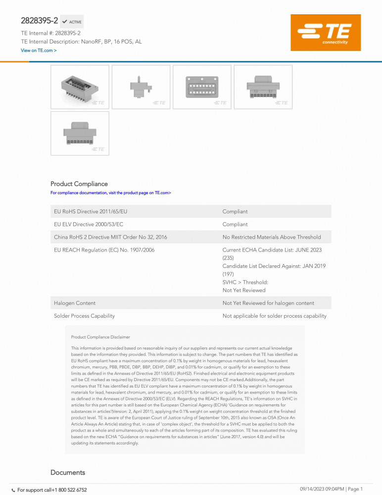 TE Connectivity 2828395-2 technical document page 1