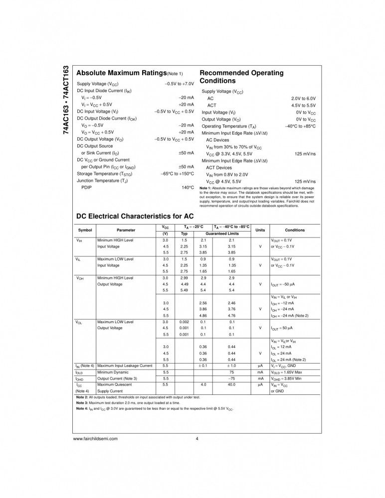 74ACT163SJ technical document page 4
