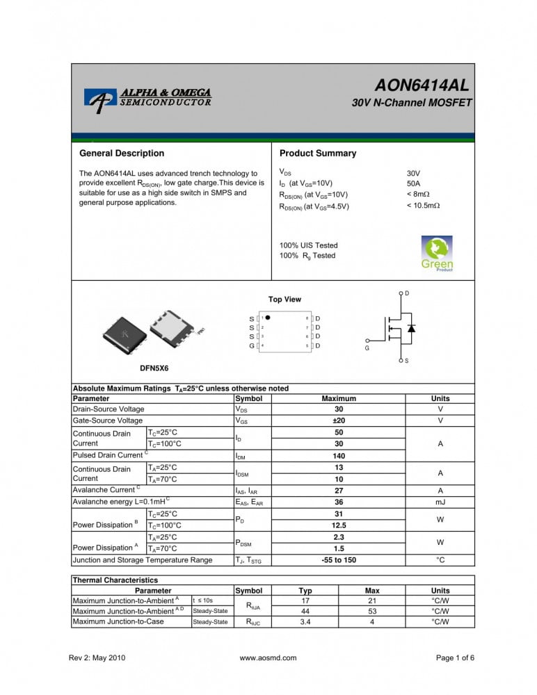 AON6414AL datasheet page 1