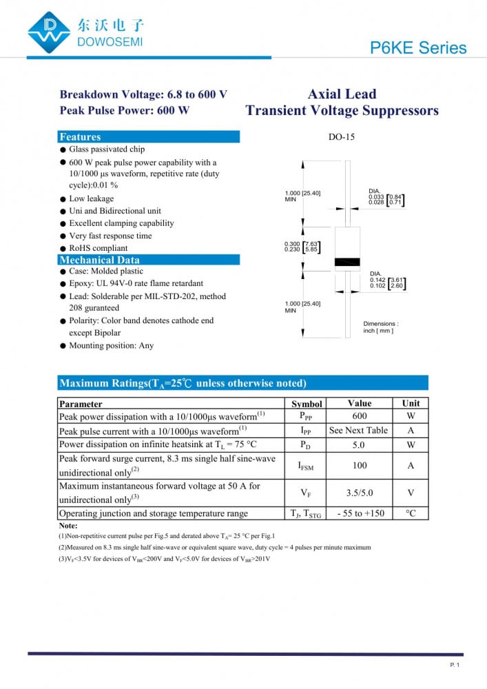 DOWO P6KE series datasheet page 1