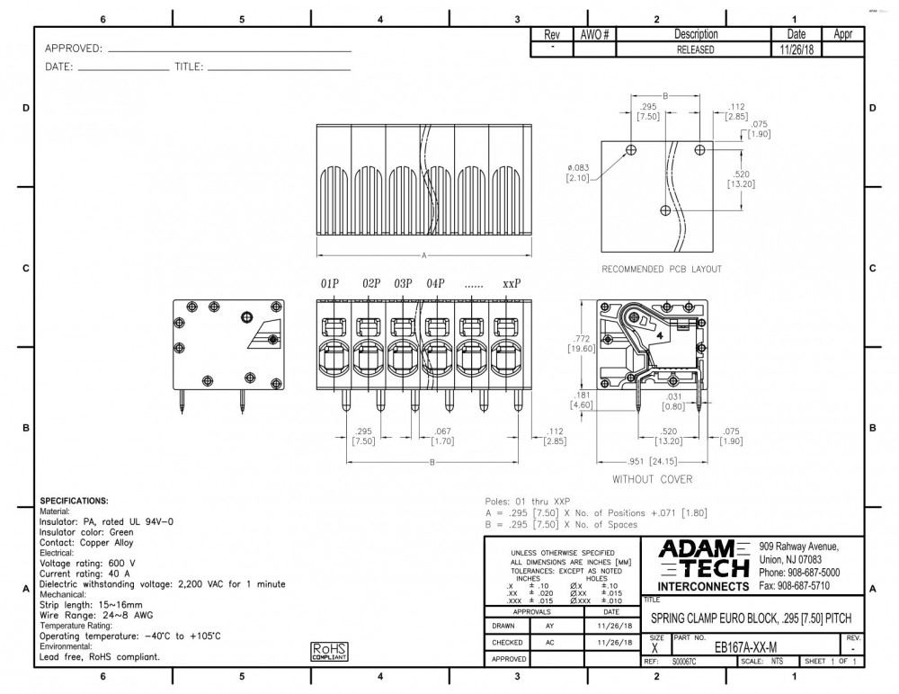 ADAM TECH spring clamp Euro block drawing and specifications for EB167A series