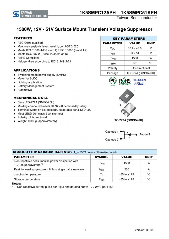 1K5SMPC12APH datasheet page 1