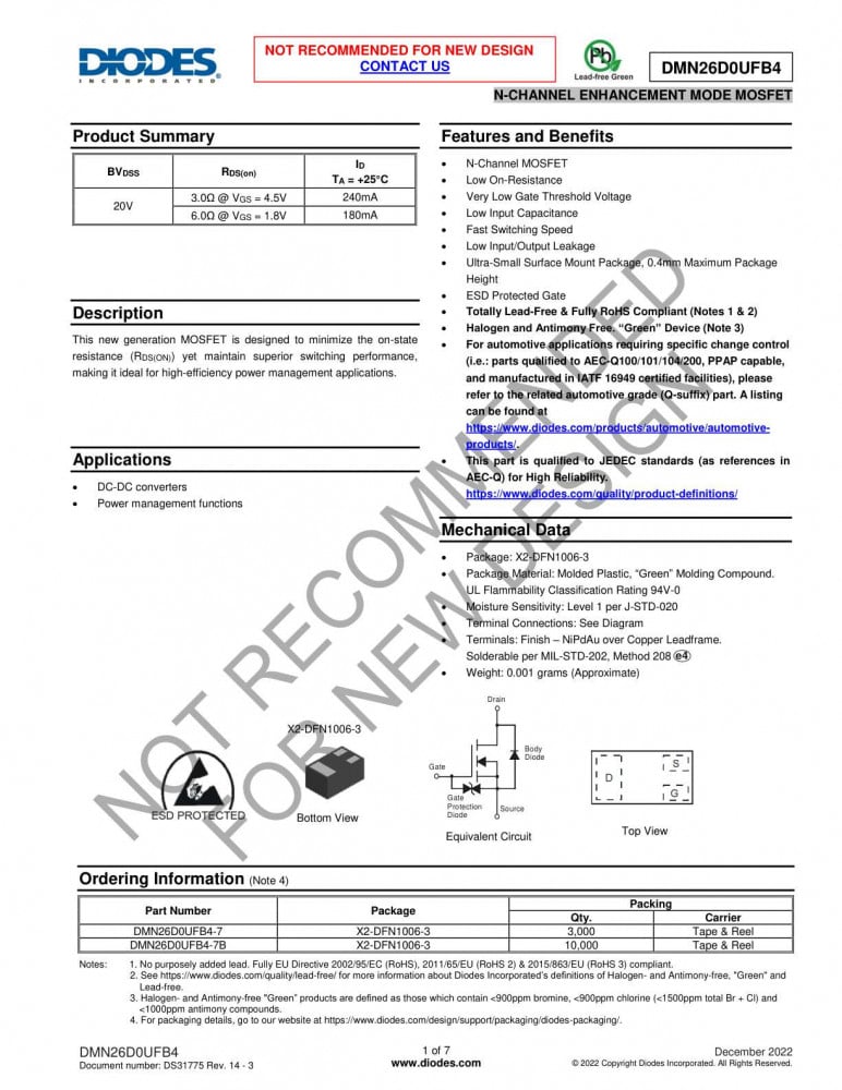 DMN26D0UFB4-7B datasheet page 1