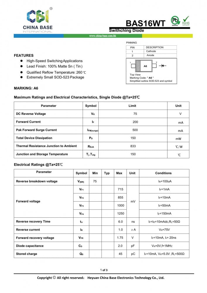 CBI BAS16WT datasheet page 1