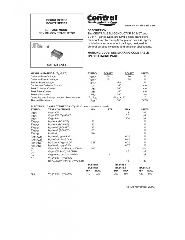BC846BT TR PBFREE datasheet page 1
