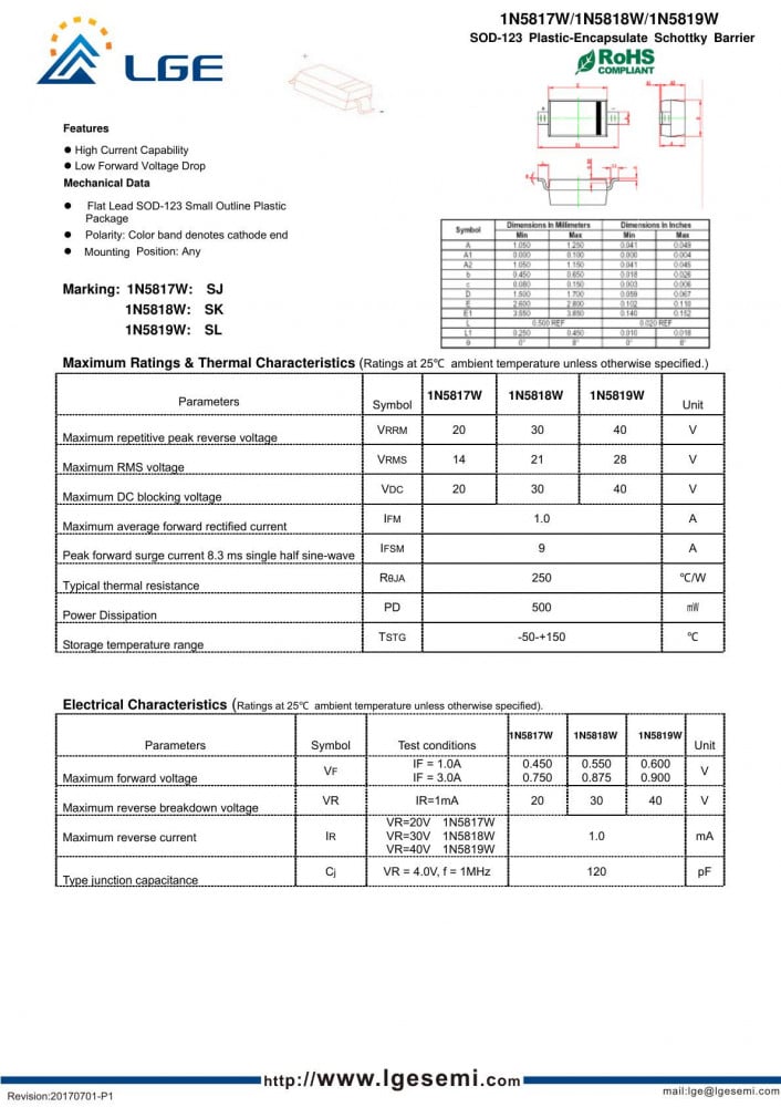 LGE 1N5819W datasheet page 1