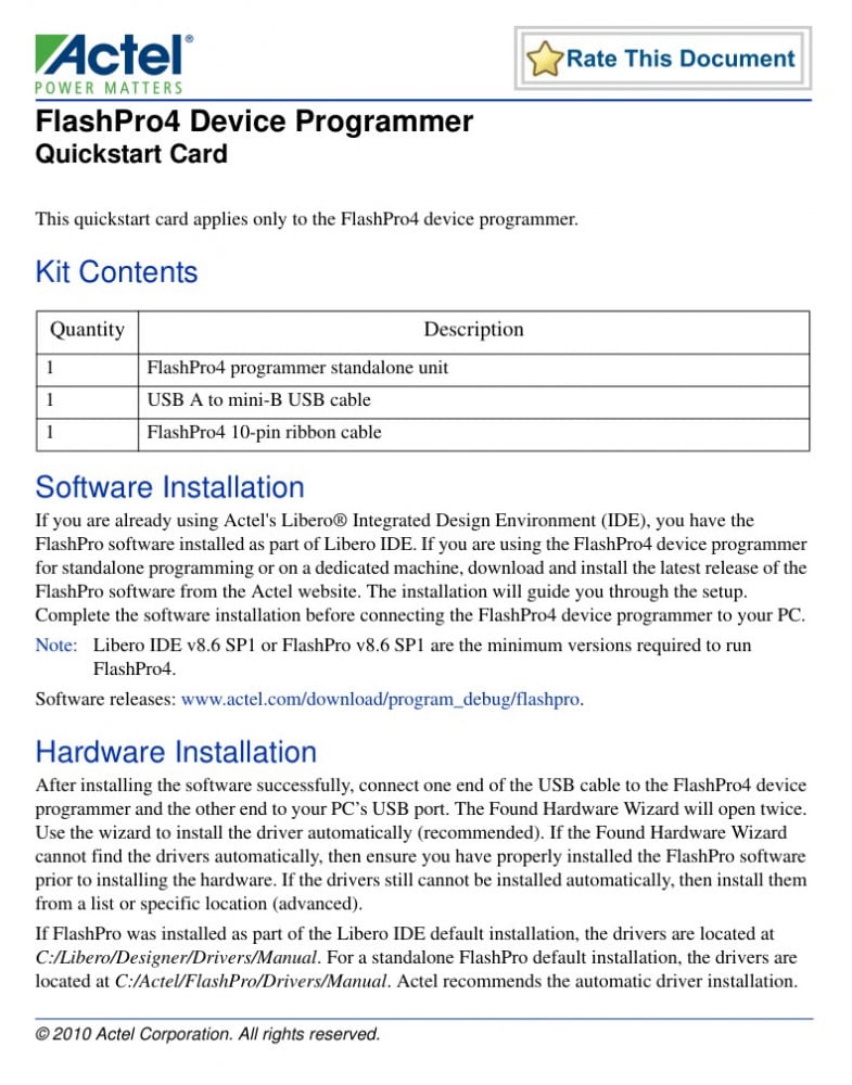 FlashPro4 Quickstart Card page 1