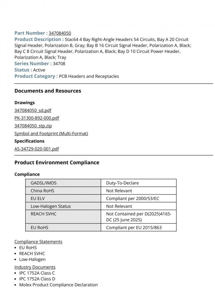 MOLEX 347084050 technical document preview, page 1
