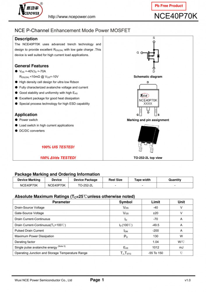 NCE40P70K datasheet page 1