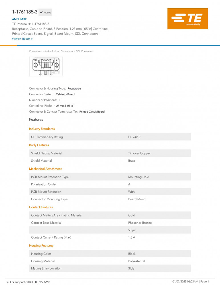TE Connectivity 1-1761185-3 document page 1