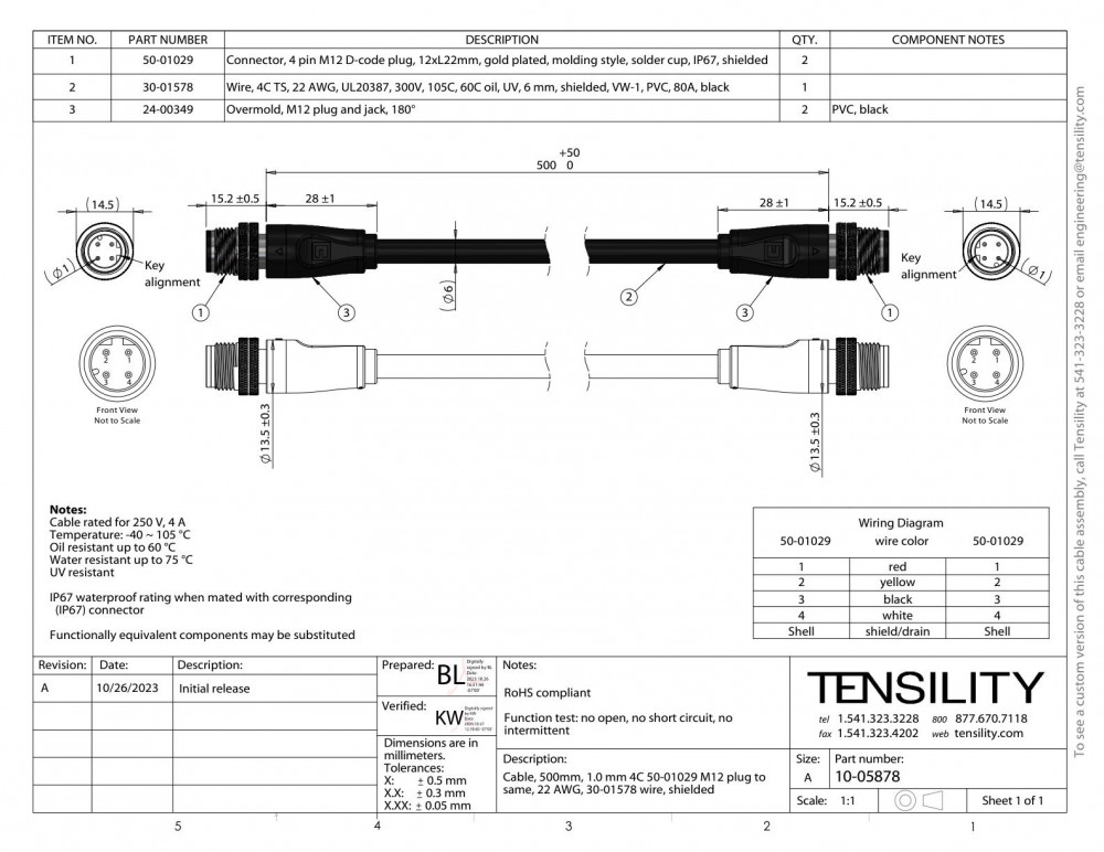 Tensility International product drawing for cable assembly model 10-05878