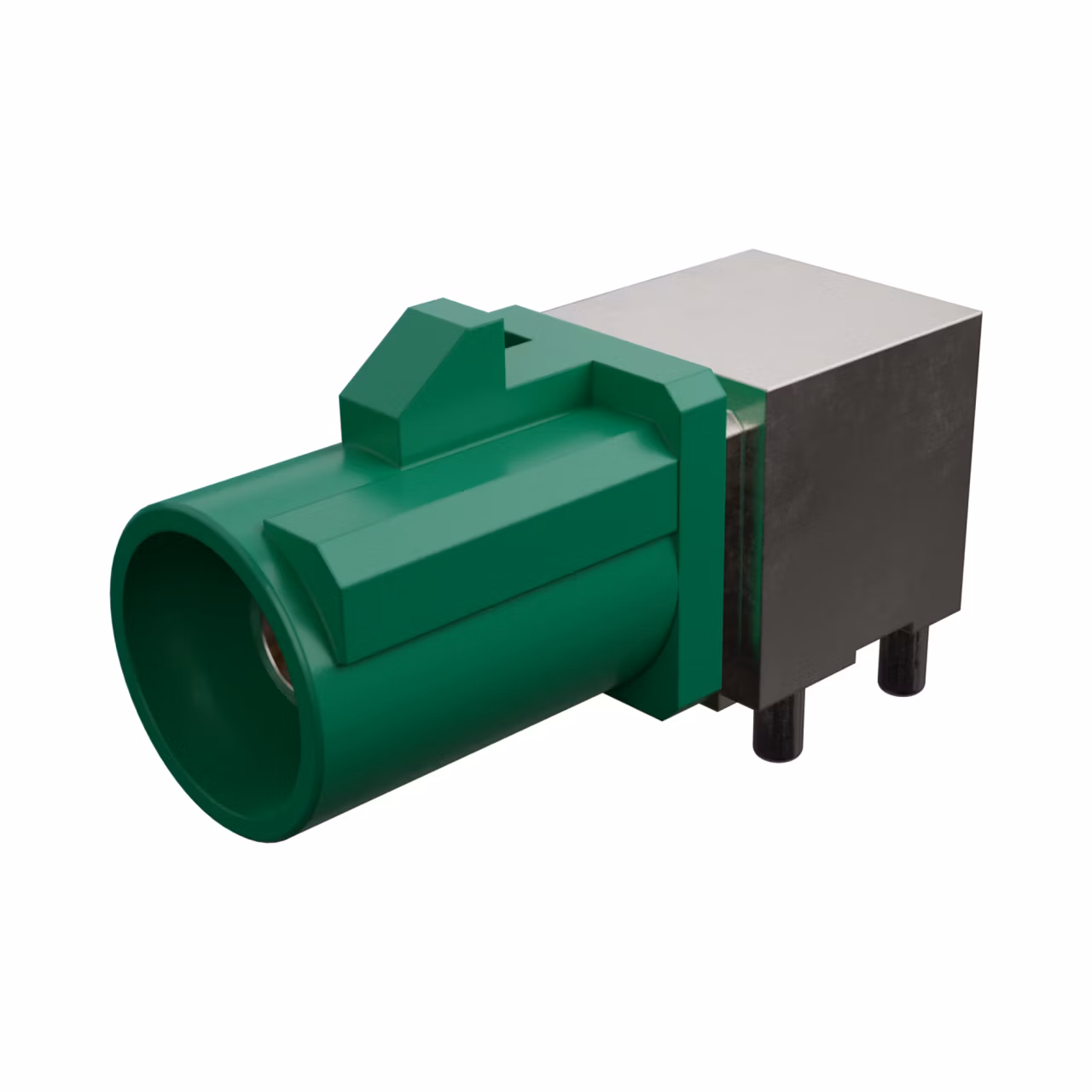 FAKRA Jack, Right-Angle, PCB Receptacle, Through Hole, Die Cast Body, Tin (Sn) Plated, Keying Code E, Green, 50 Ohms for sale