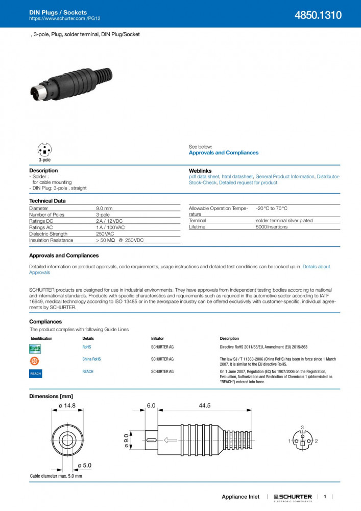 SCHURTER 4850.1310 product and specification page