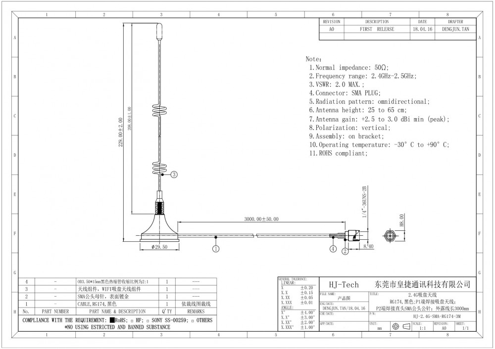 HJ-2.4G-SMA-RG174-3M technical document page