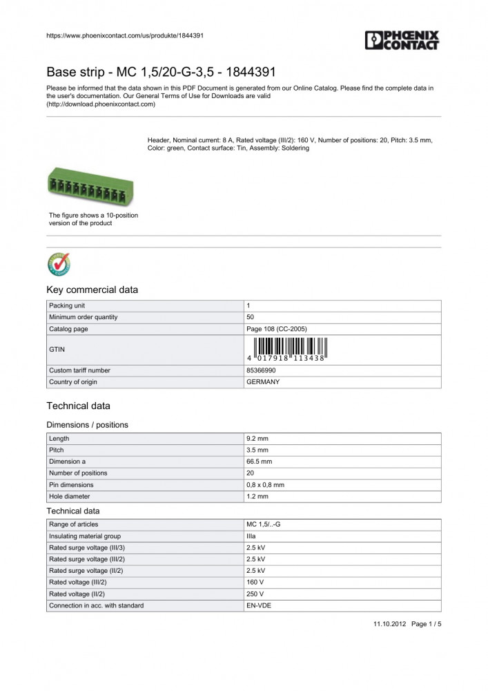 Phoenix Contact 1844391 technical document page 1