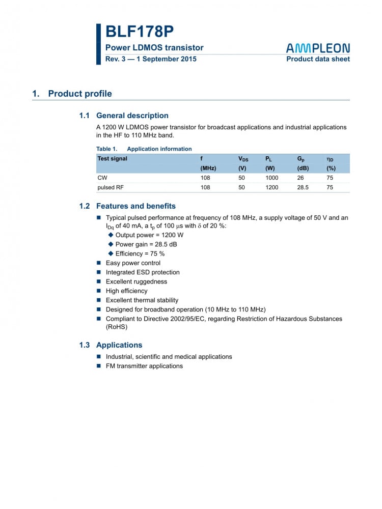 BLF178P,112 datasheet page 1