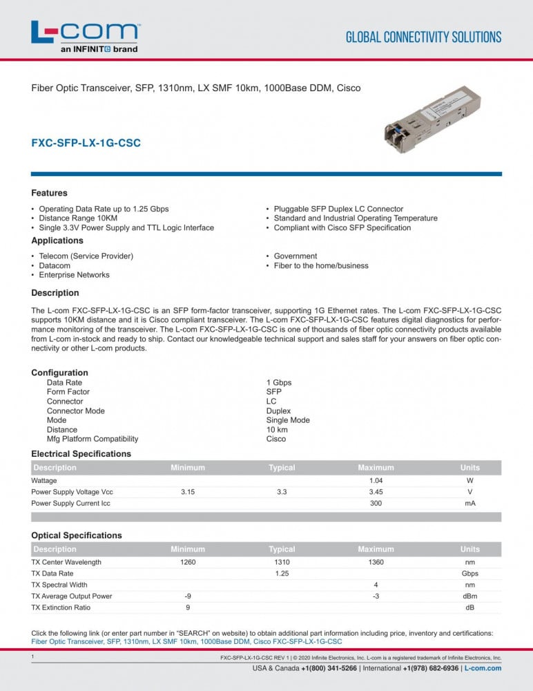 FXC-SFP-LX-1G-CSC datasheet page 1