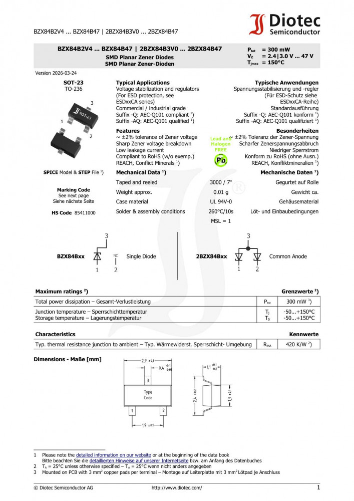 DIOTEC BZX84B series datasheet page 1