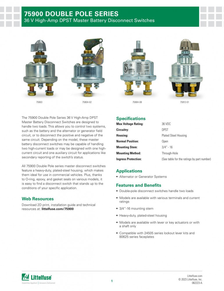 Littelfuse 75900 Double Pole Series technical document page 1