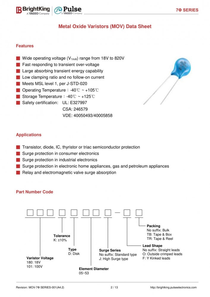 BrightKing MOV datasheet page 1
