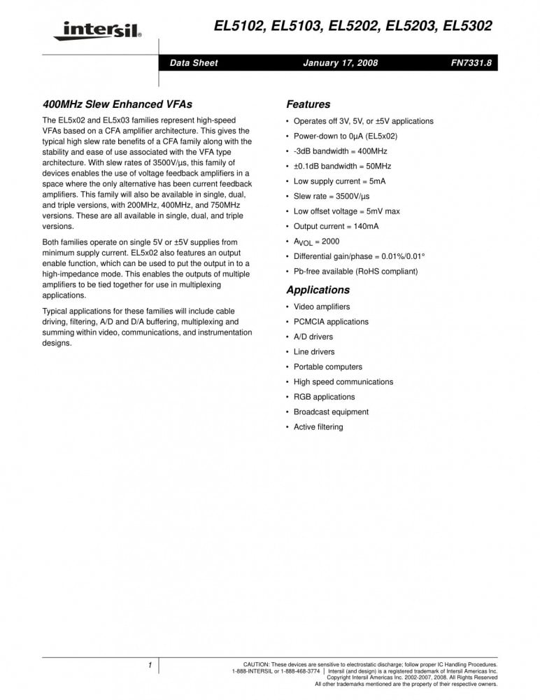 EL5102IS datasheet page 1