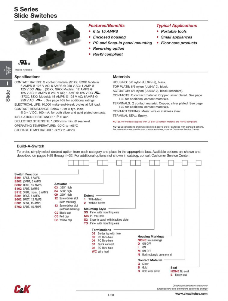 C&K S Series slide switch documentation page 1