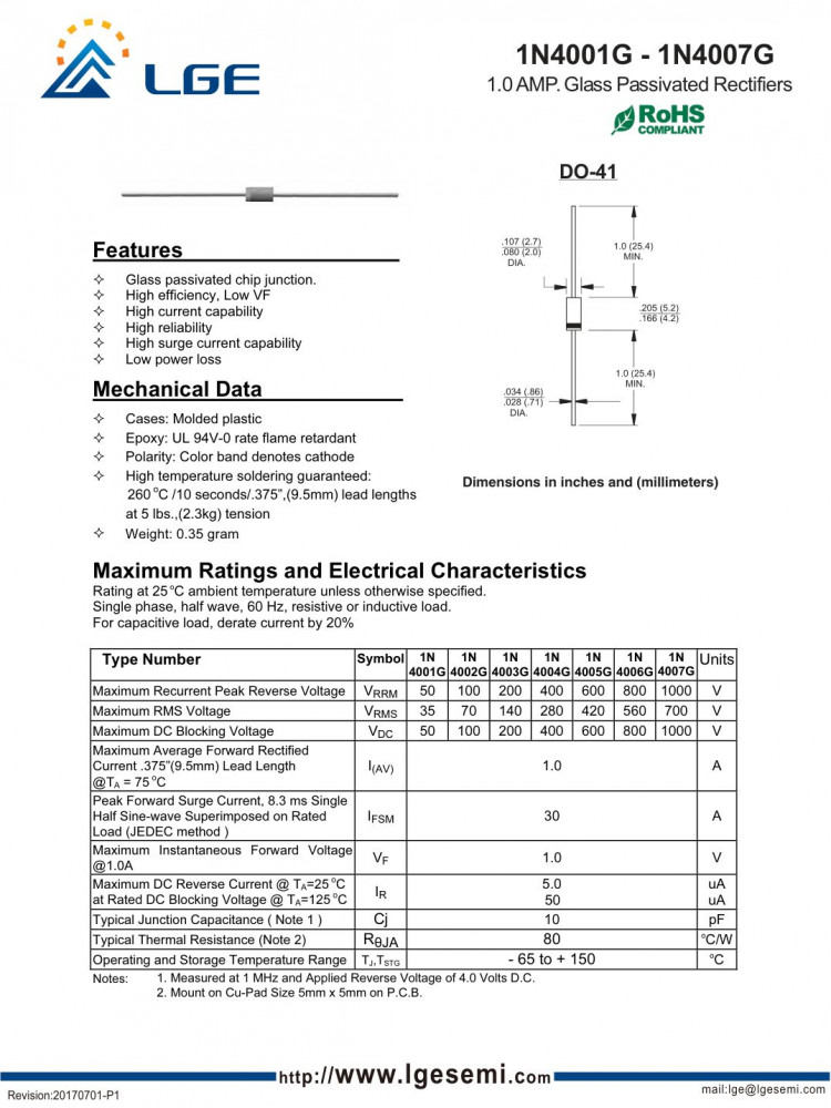 LGE 1N4007G datasheet page 1