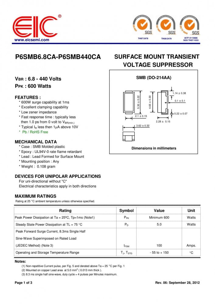 EIC P6SMB series datasheet page 1