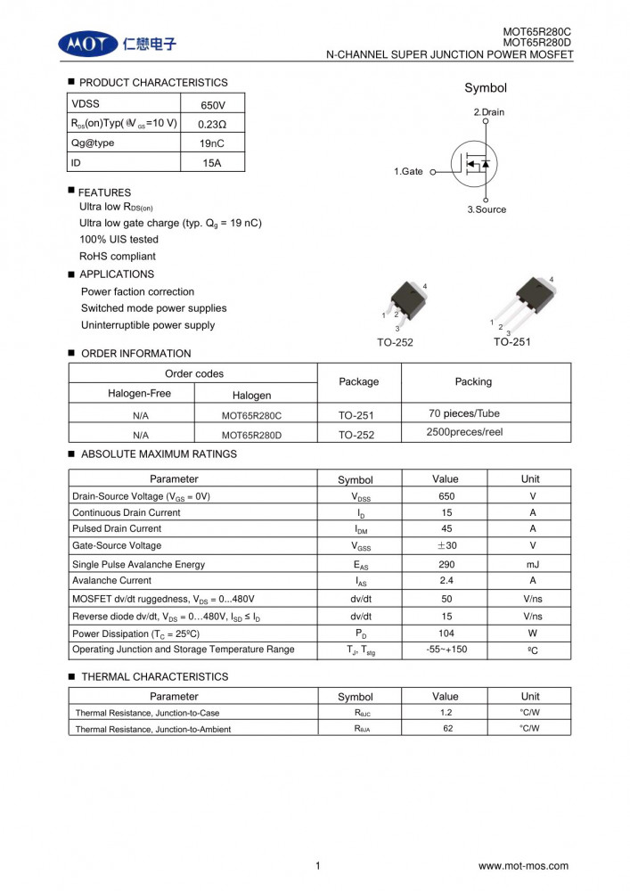 MOT65R280D datasheet page 1