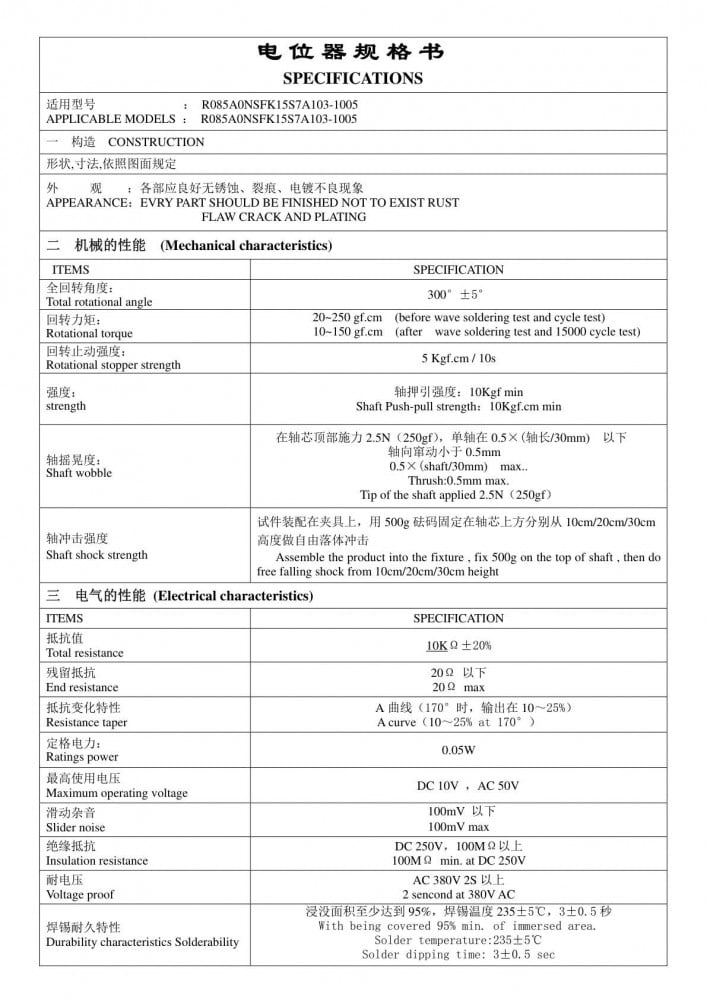 CTR R085A0NS specification page 1