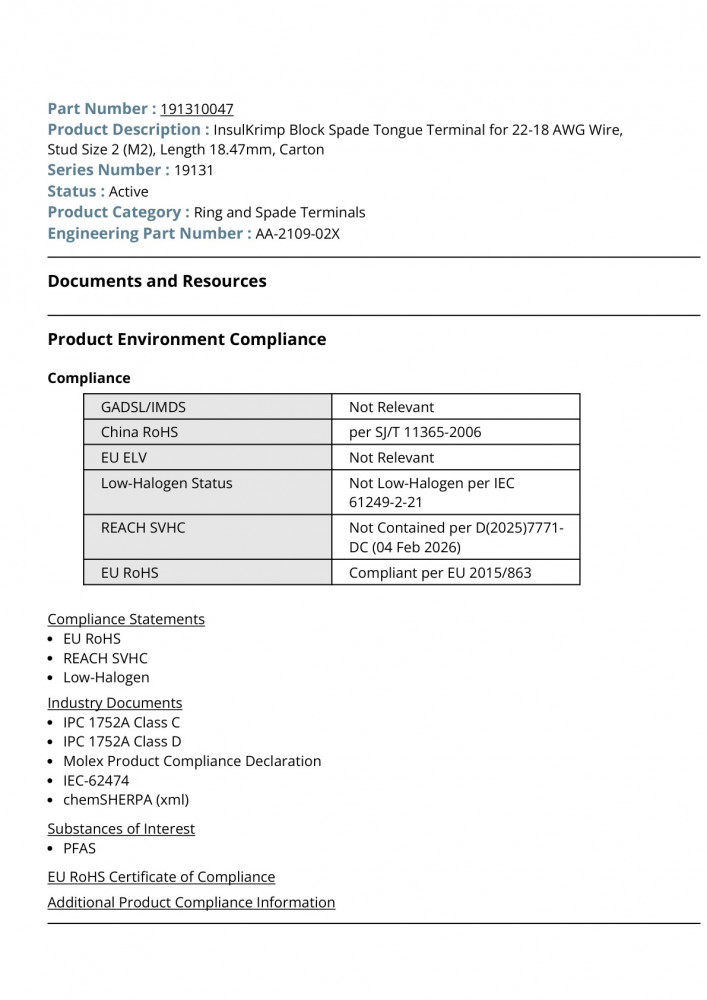 MOLEX 191310047 document page 1