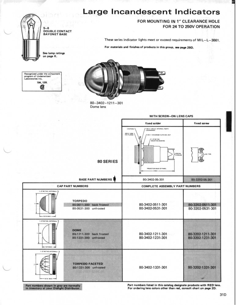 Dialight large incandescent indicator catalog page