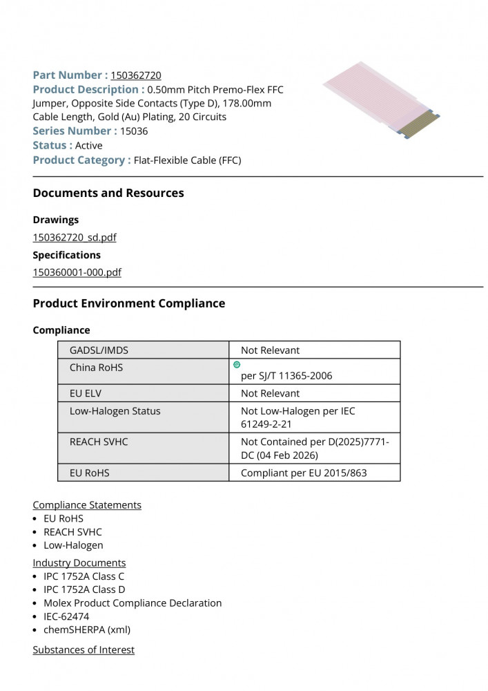 MOLEX 0.50 mm pitch extra-flexible FFC specification, page 1