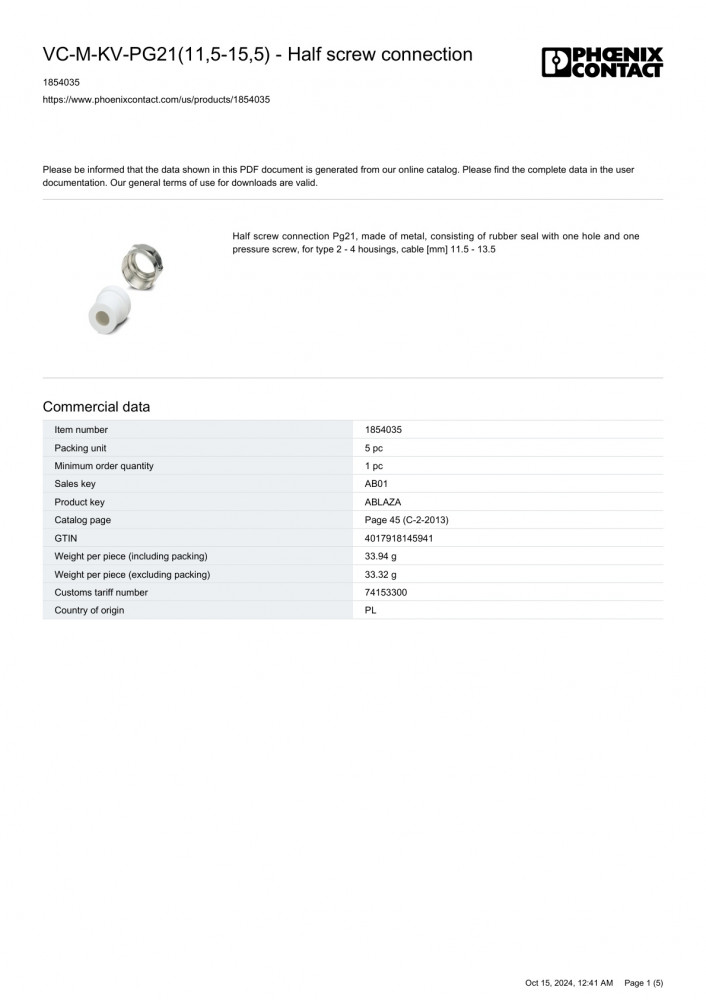 Phoenix Contact 1854035 technical document page 1