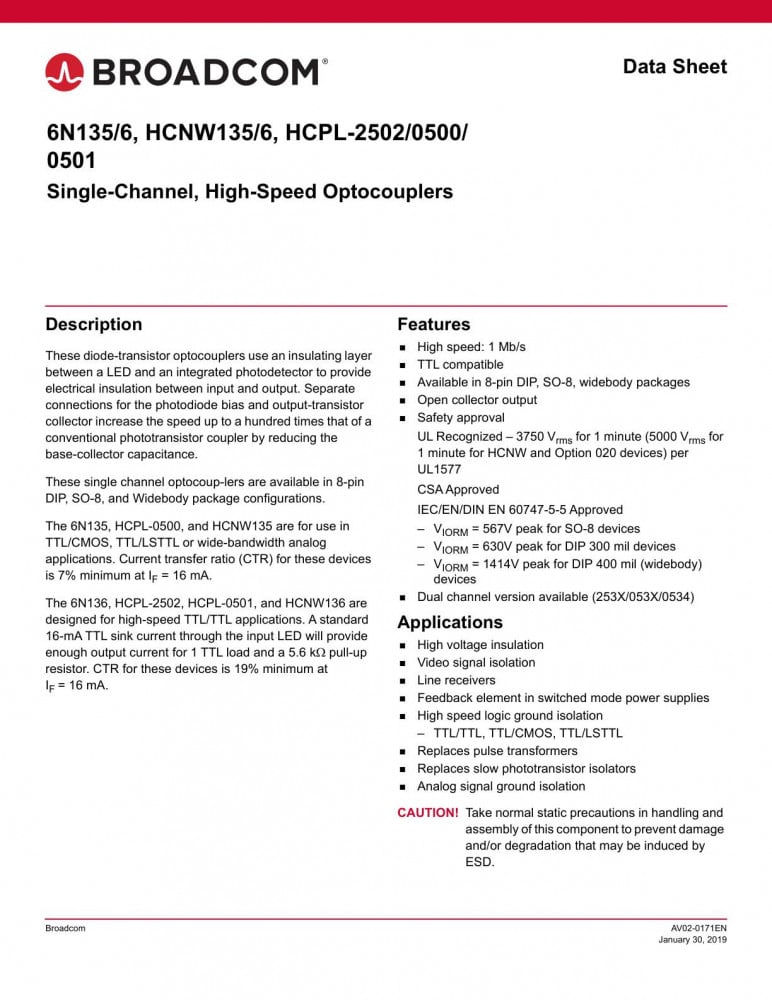 HCPL-0501 datasheet page 1