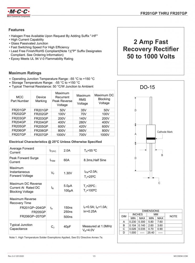 MCC FR206GP-TP datasheet page 1